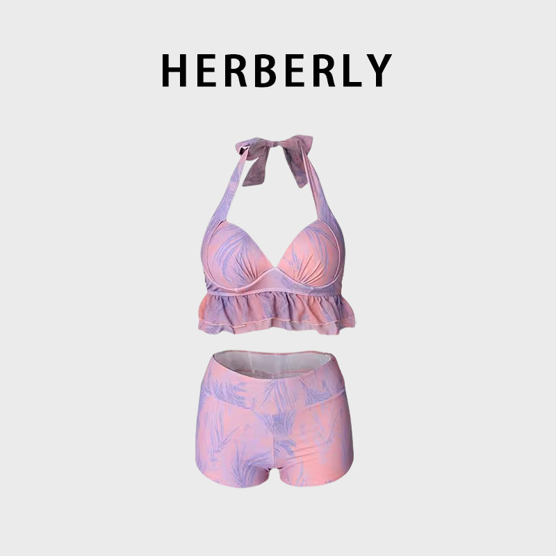 HERBERRY泳装男女沙滩温泉度假情侣款钢托聚拢显瘦裙式分体泳衣
