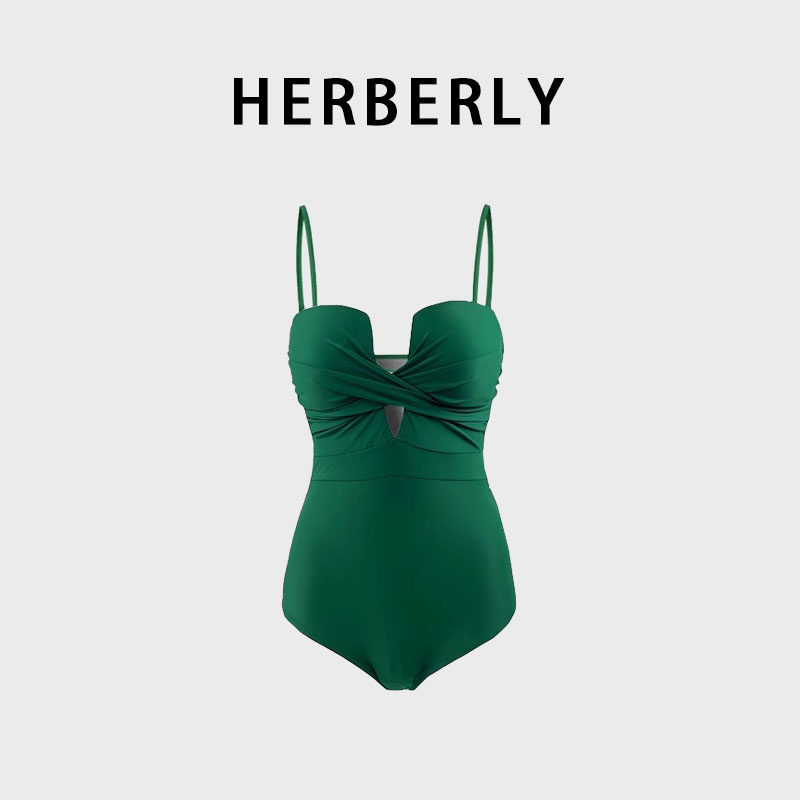 HERBERRY泳装复古高级感连体纯色泳衣女遮肚显瘦保守性感温泉度假