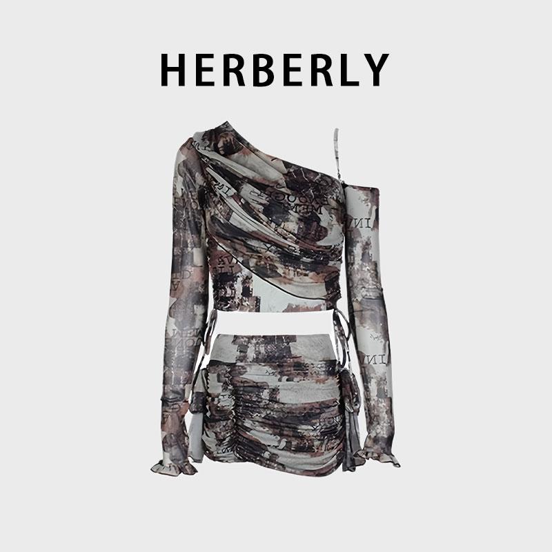 HERBERRY泳装女纯欲风显瘦性感比基尼小胸单肩度假泡温泉分体泳衣