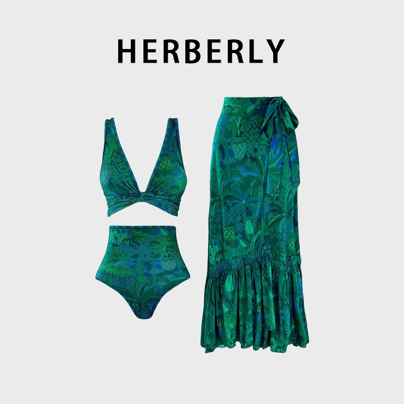 HERBERRY泳装女高级显瘦性感深V双面穿泡温泉度假分体泳衣沙滩裙