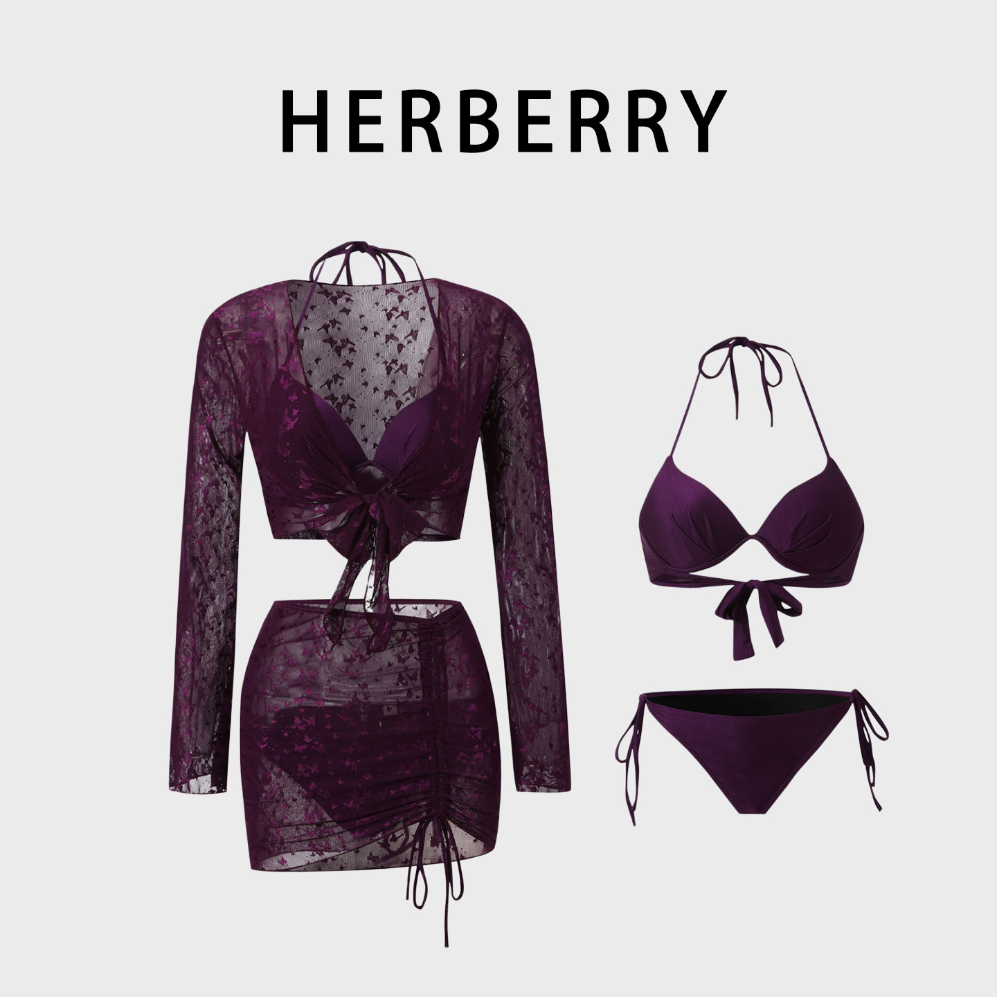 HERBERRY泳装高级火辣小胸性感比基尼纯欲温泉度假分体泳衣四件套