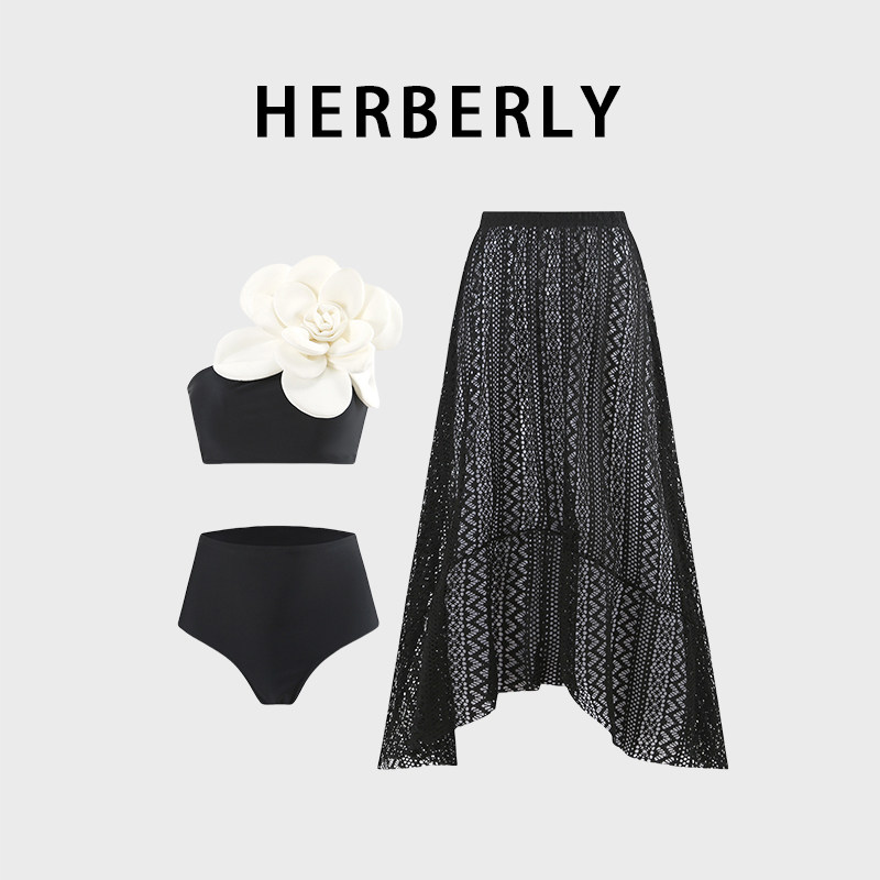 HERBERRY泳装女法式复古立体大花比基尼泡温泉度假裙式分体泳衣