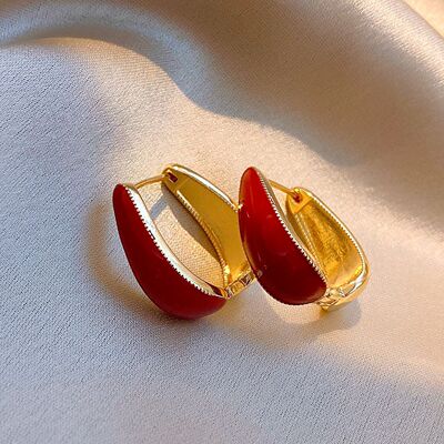复古港风红色滴油u形耳环耳扣