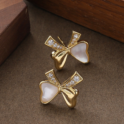 镶钻锆石天然贝壳蝴蝶结耳钉银针