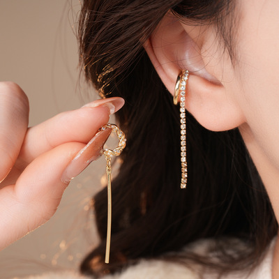 冷淡风锆石流苏珍珠耳夹无耳洞