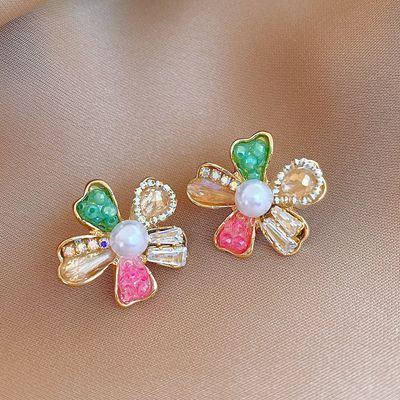 欧美复古彩色花朵珍珠耳钉