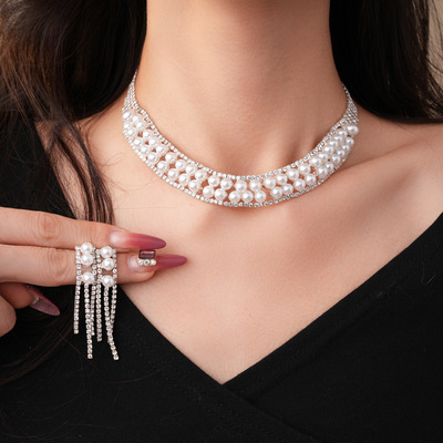 欧美镶钻珍珠项链配饰女流苏耳环