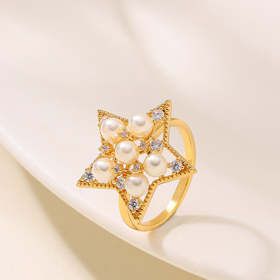 镶钻珍珠五角星可调节开口戒指