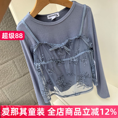 女童长袖T恤衫春秋打底衫吊带纱