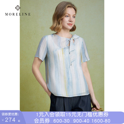 沐兰设计感绑带松弛感雪纺衫女2026年夏季新款洋气渐变色印花上衣