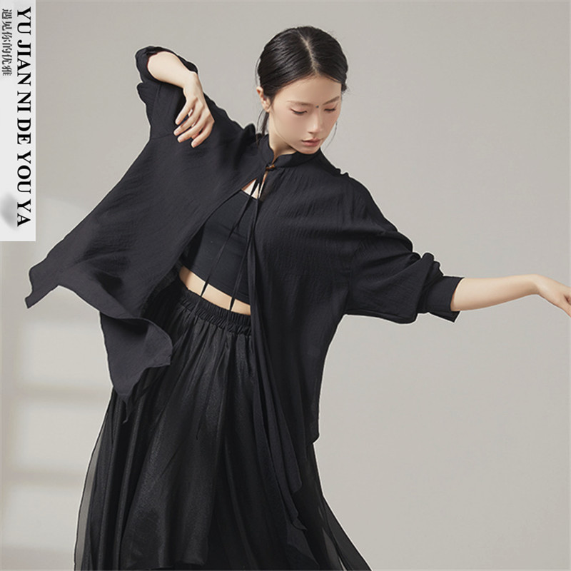 黑色立领长袖宽松现代舞蹈服装成人练功服衬衫飘逸上衣女外搭开衫