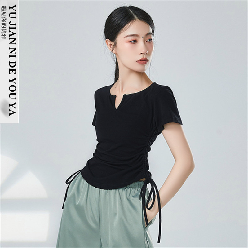 黑色纯棉抽绳形体服现代舞服中国舞古典舞蹈服装成人练功服上衣女