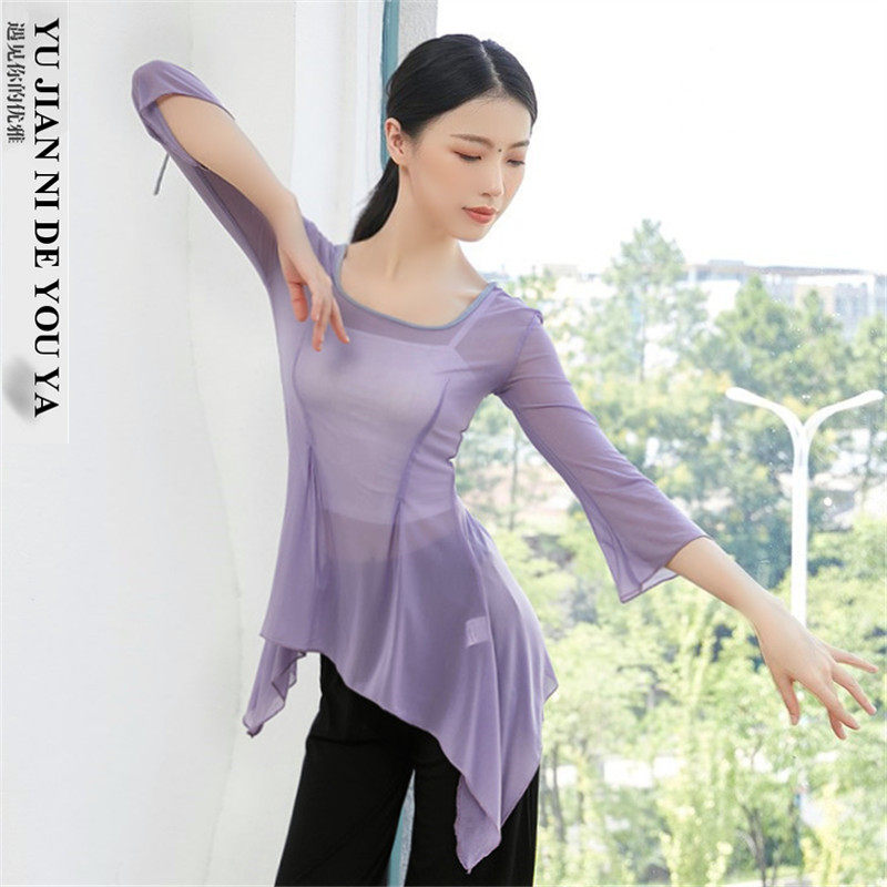绝美紫色方领中国舞古典舞蹈服练功服表演出服装上衣女飘逸网纱衣