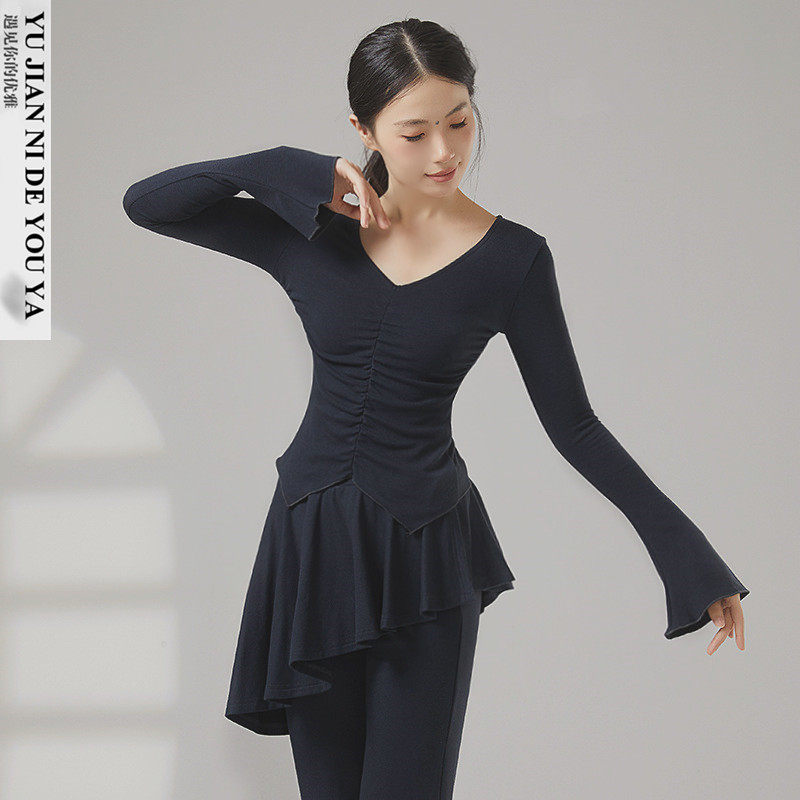 v领喇叭袖不规则形体服现代舞服中国舞古典舞蹈服装练功服上衣女