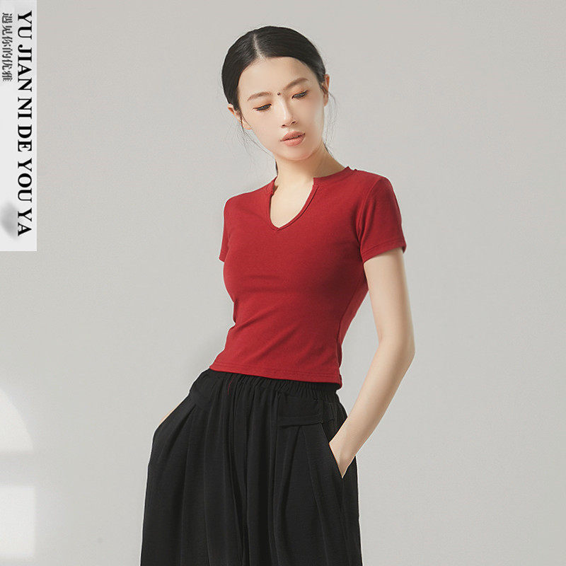 红色夏季短袖形体服现代舞服中国舞古典舞蹈服练功服上衣女款新款