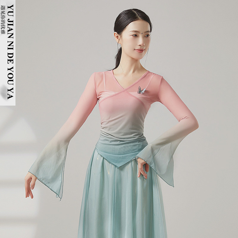渐变色喇叭袖中国舞古典舞舞蹈服练功服演出服装上衣女飘逸网纱衣