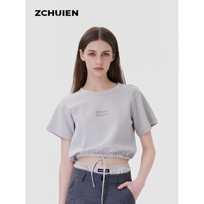 ZCHUIEN短袖女t恤夏季抽绳收腰短款圆领2025新款落肩修身纯色上衣