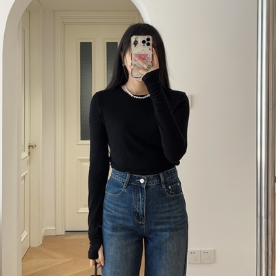 包邮 秋冬新款 法式简约黑色纯色圆领打底衫T恤 0.1KG