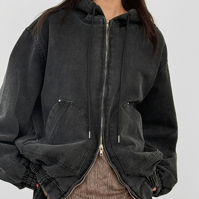 rivet washed denim hood zip-up jacket (unisex)