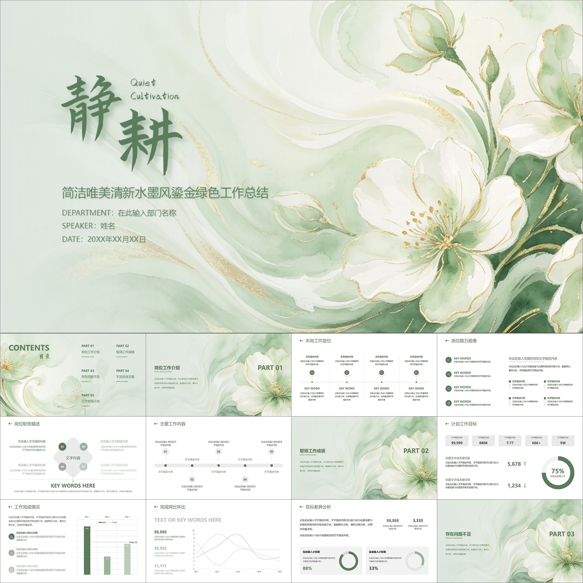 【动态PPT】简洁唯美清新素雅水墨风鎏金花朵绿色工作总结PPT模板