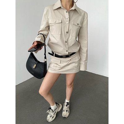 复古嵌扣短款工装连衣裙