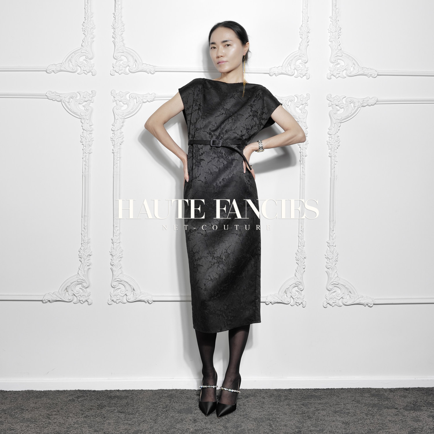 【HAUTE FANCIES后构想】高级缎面提花一字领连袖连衣裙含腰封新