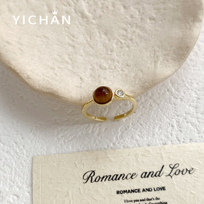 简约时尚独特虎眼石戒指新中式复古圆点锆石开口可调节食指戒