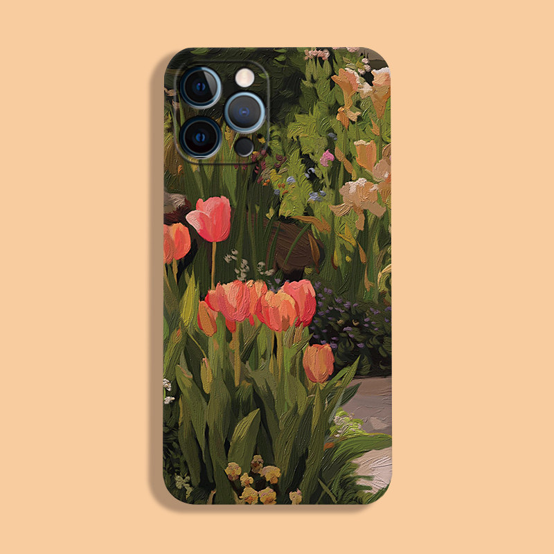 适用iphone苹果14Promax手机壳13mini软壳12Pro玻璃壳11简约XSMAX个性7P/8P创意XR男女14plus郁金香油画XS