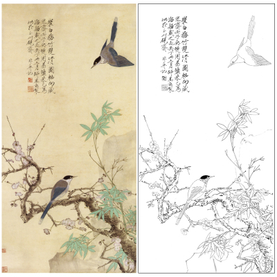 【大彩图】于非闇工笔画白描底稿梅花《仿崔白-梅竹双清图》YF15