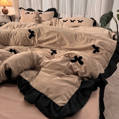 法式少女心黑色花边被套蝴蝶结床上四件套水洗棉宿舍床单人三件套