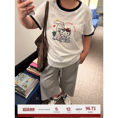 老章和小胖PONGKIKI冲浪小猫撞色T恤女印花圆领短袖女大码胖mm