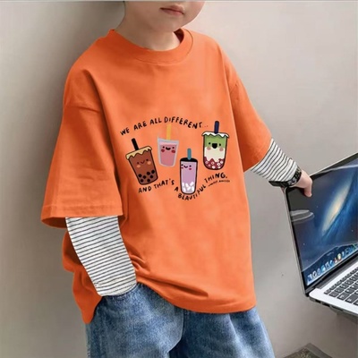 男女童长袖T恤秋装2025新款中大童条纹假两件体袖儿童纯棉打底衫