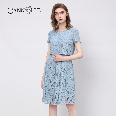 Cannelle晴迷桂莉V领带珍珠假两件套蕾丝连衣裙
