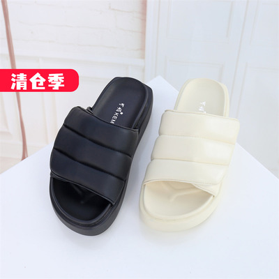 拖鞋松糕底2023夏可媚条纹莱卡布