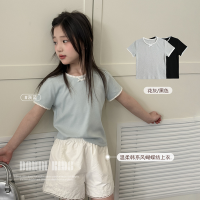 嗒囜女童蕾丝弹力短袖T恤