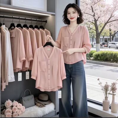 大码胖MM法式甜美气质V领七分袖衬衫女夏季2026新款超火减龄上衣