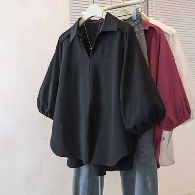 紫色娃娃衫V领正肩衬衫女2026早春洋气小衫胖mm七分袖灯笼袖上衣