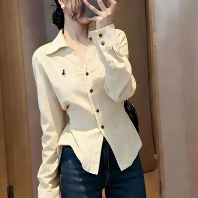 港风穿搭粉色polo领长袖衬衫衬衣女2026春季法式小资超火减龄上衣