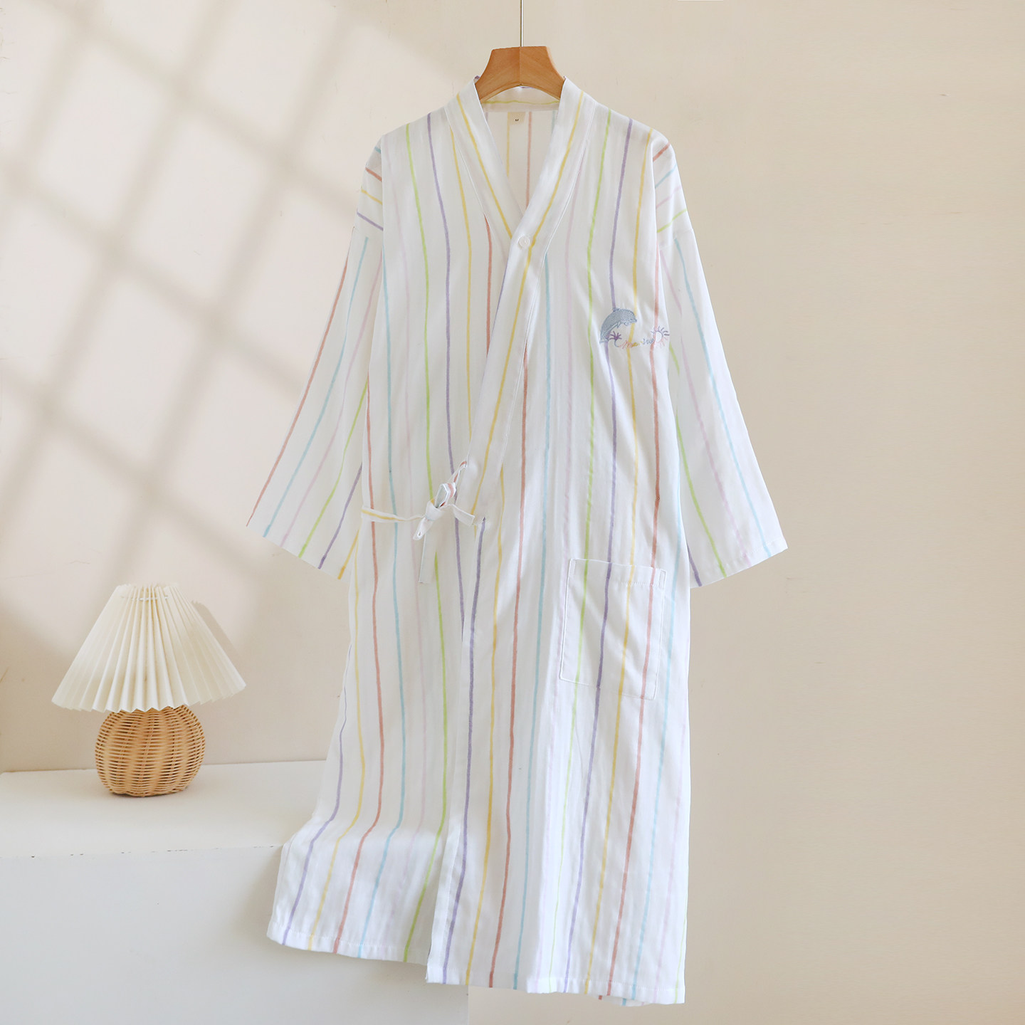 彩虹条日式和服睡袍浴袍女春秋夏季纯棉纱布薄款家居服睡衣100棉