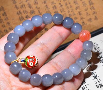 新疆的猫JJ103014 37.2克，9-10mm老坑粉紫烟青玉老型珠手链