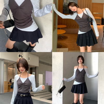 ZY GODDESS-撞款韩系少女设计感麻花挂脖假两件褶皱收腰显瘦小衫