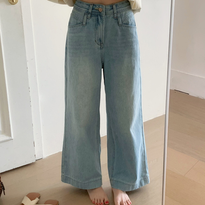 OMELET蛋卷-春韩系简约百搭浅色水洗剖缝口袋显瘦直筒九分牛仔裤