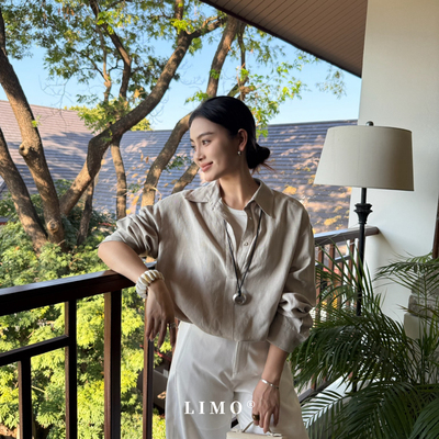LIMO-春上新老钱风假两件设计天丝亚麻短款衬衫