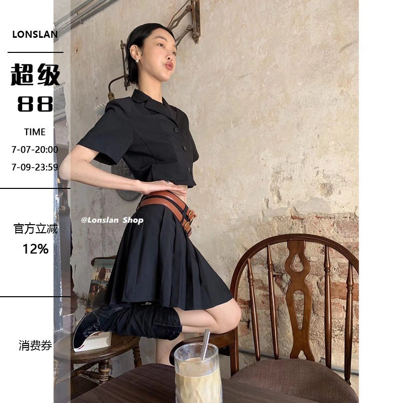 LONSLAN套装达人短款翻领西装+配双腰带百褶短裙套装