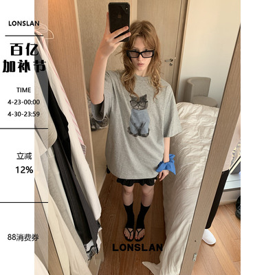 LONSLAN25SUMMER 可爱大件慵懒猫咪短袖T