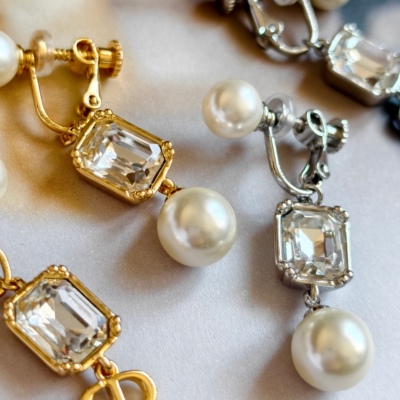 欧美大牌风CD字母人造珍珠枕型方形水钻日常百搭耳钉无耳洞耳夹女