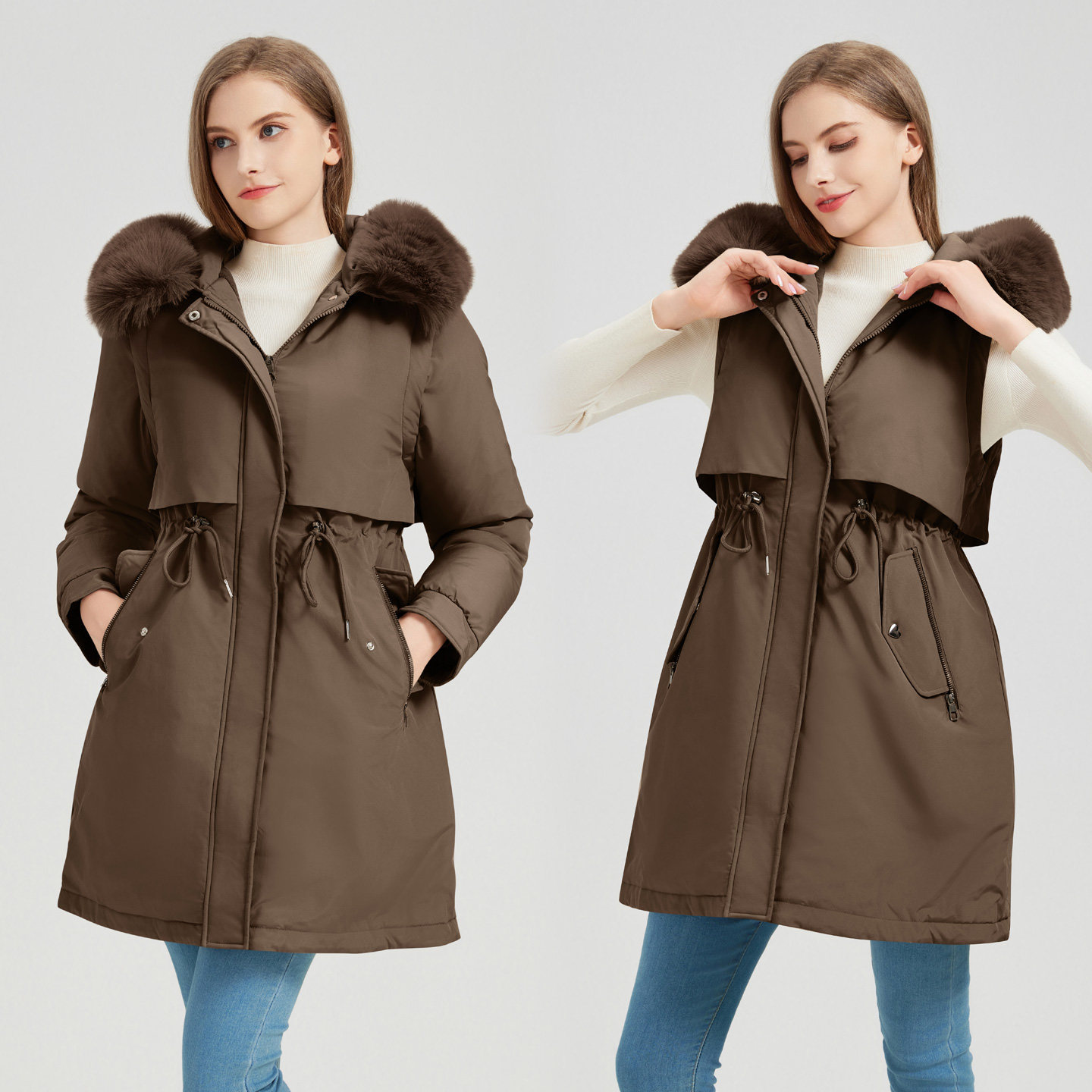 袖子可拆卸派克服女2025冬季中长款棉衣棉服韩版收腰显瘦棉袄外套