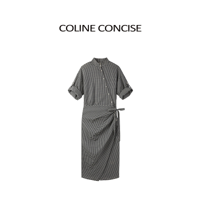 COLINE CONCISE  黑白格纹立领斜褶天丝醋酸立裁衬衫连衣裙
