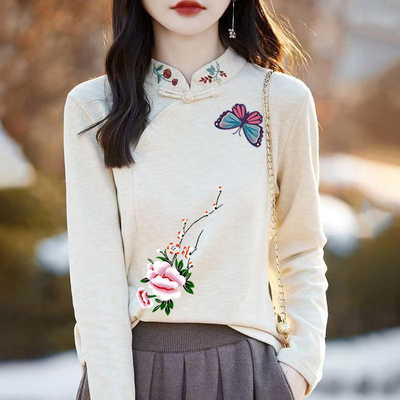 2024秋冬新款双面德绒女士刺绣印花宽松显瘦打底衫国风中式立领