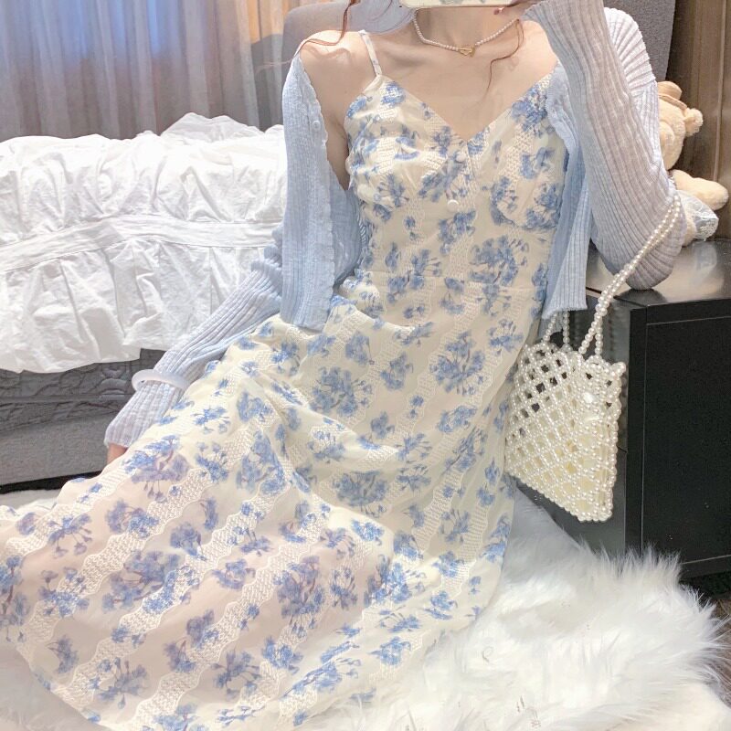 2025款小个子法式高级感雪纺长裙蓝色碎花吊带两件式洋装装女夏